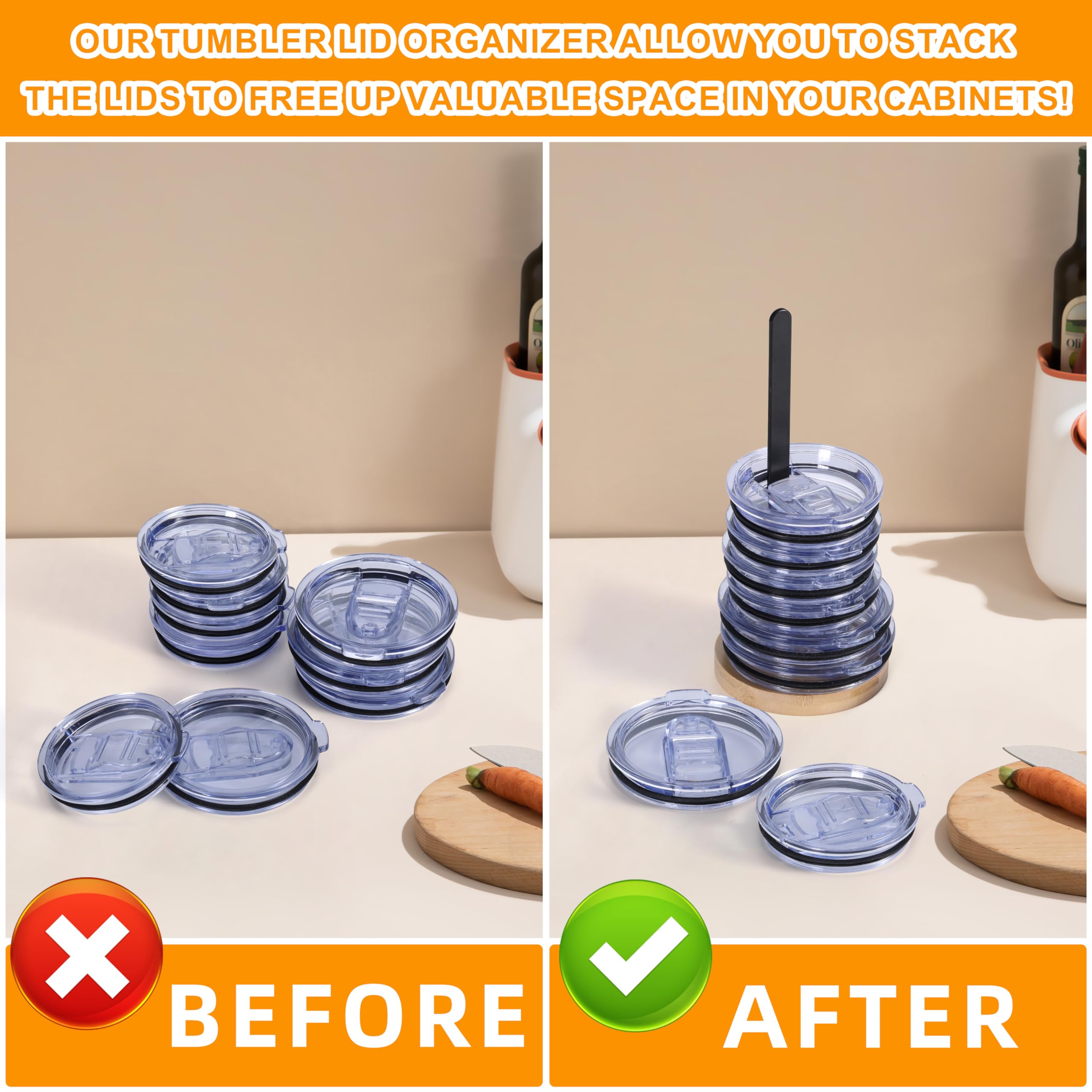 ZUJJAFY Bamboo Tumbler Lid Organizer - Vertical Storage for Up to 10 Cup Lids, Clutter-Free Kitchen Cabinets and Countertops Organization