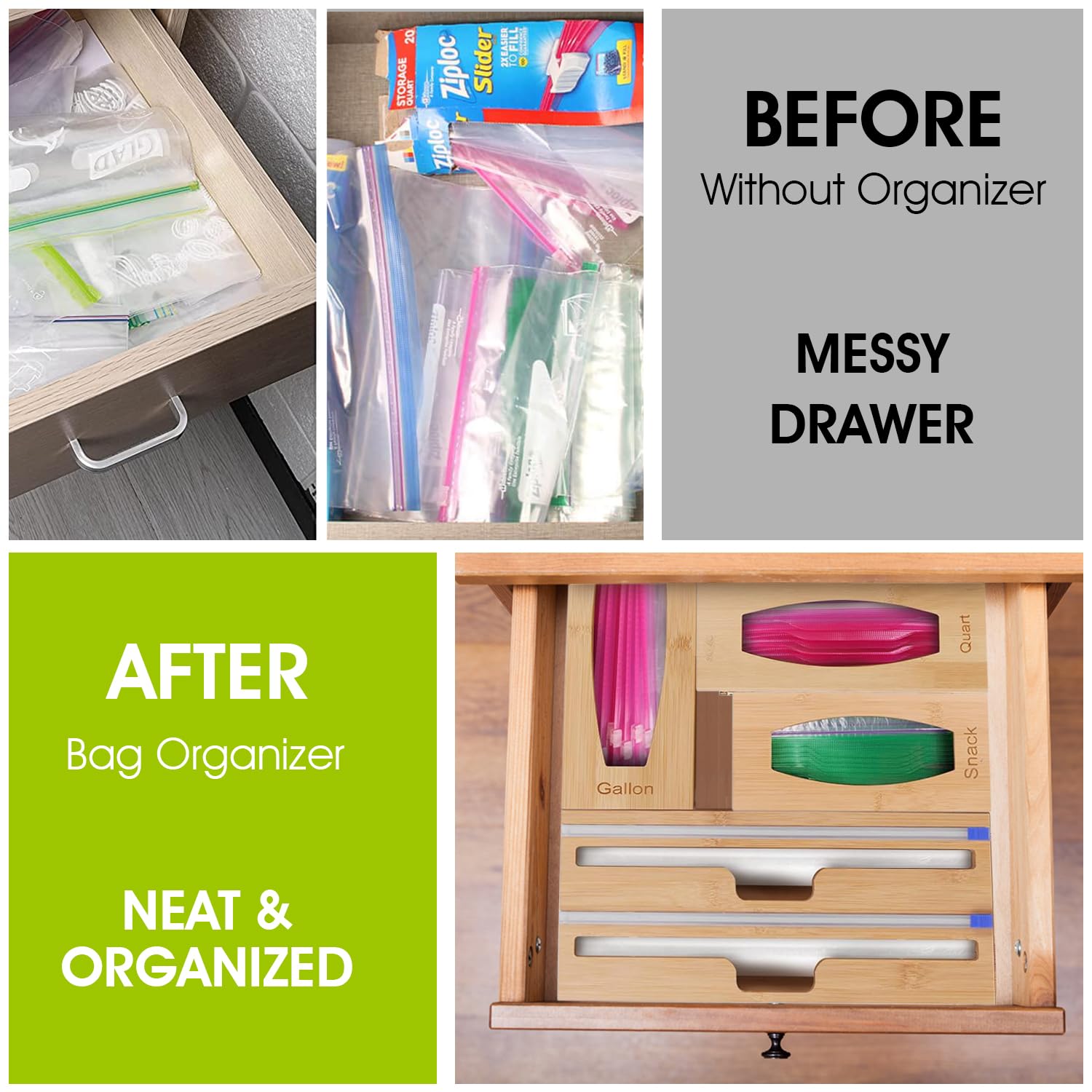 OTLS Storage Bag Organizer for Kitchen Drawer, 6 in 1 Foil and Plastic Wrap Organizer with Cutter, Bamboo Bag Organizer for Drawer with Separate Boxes for Gallon, Sandwich, Quart & Snack