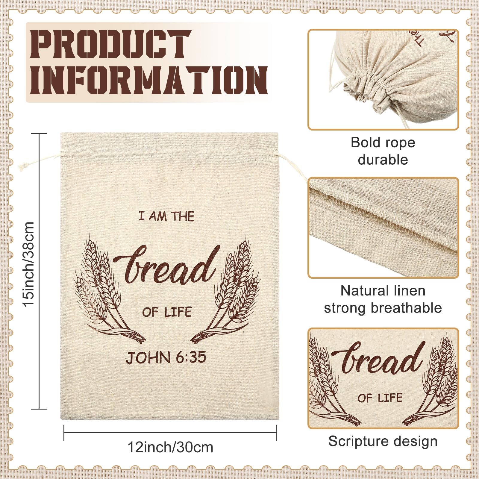 Vesici 8 Pcs Large Linen Bread Bag for Homemade Bread Reusable Container and Saver Drawstring Storage Bags Unbleached Storage Container Keeper for Bakery 12" x 15" (Elegant Style)