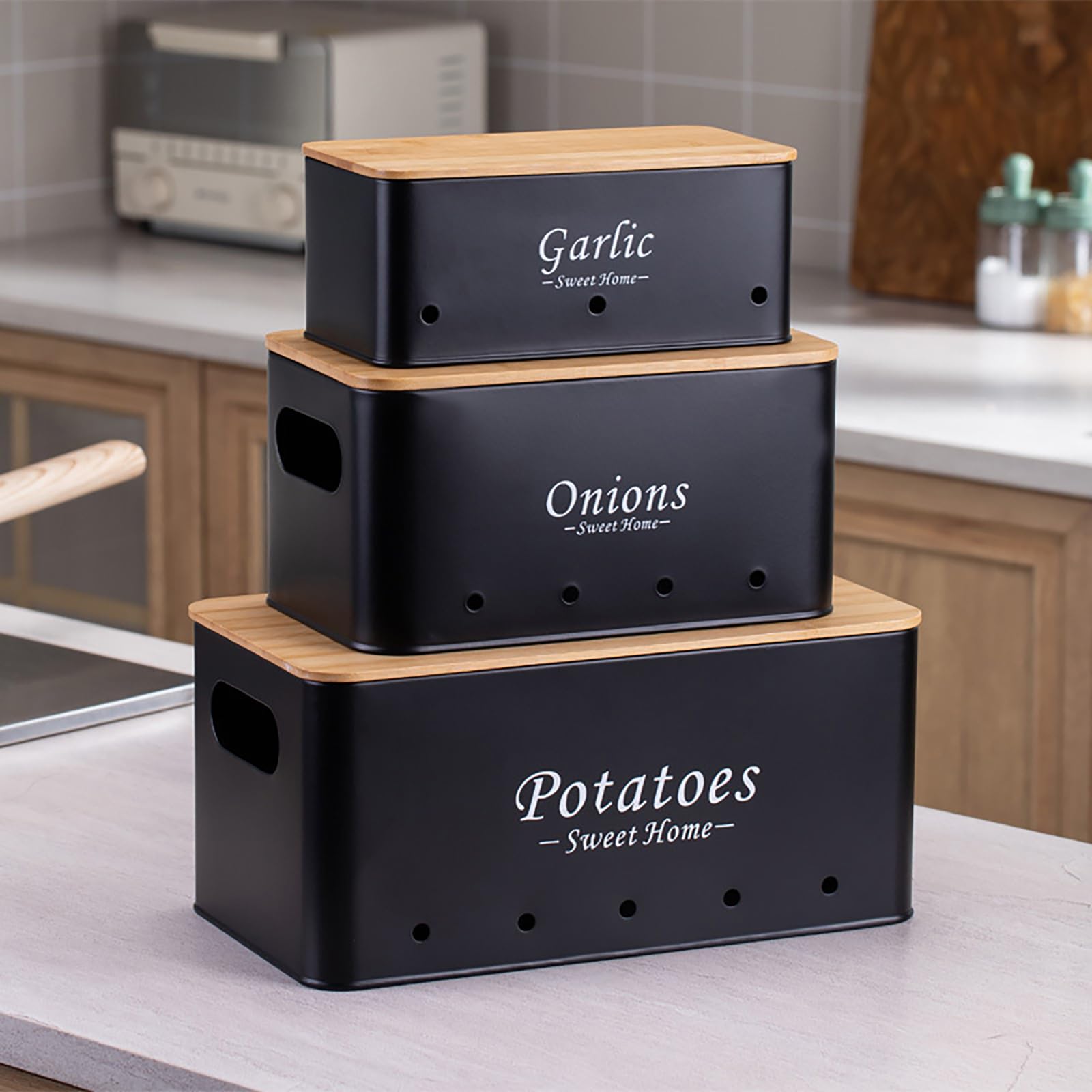 Simcat Kitchen Vegetable Storage Tins Set of 3, Potato Onion Garlic Kitchen Storage Canisters, Vegetable bin Keeper Containers with Aerating Holes and Wooden Lid (Black)