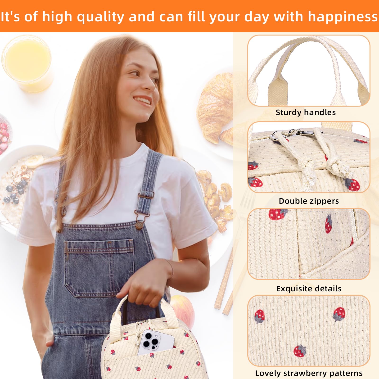 LEDAOU Lunch Box for Women Insulated Lunch Bag Corduroy Lunch Tote Bags Leakproof Cooler Lunch Case for Travel Work Picnic