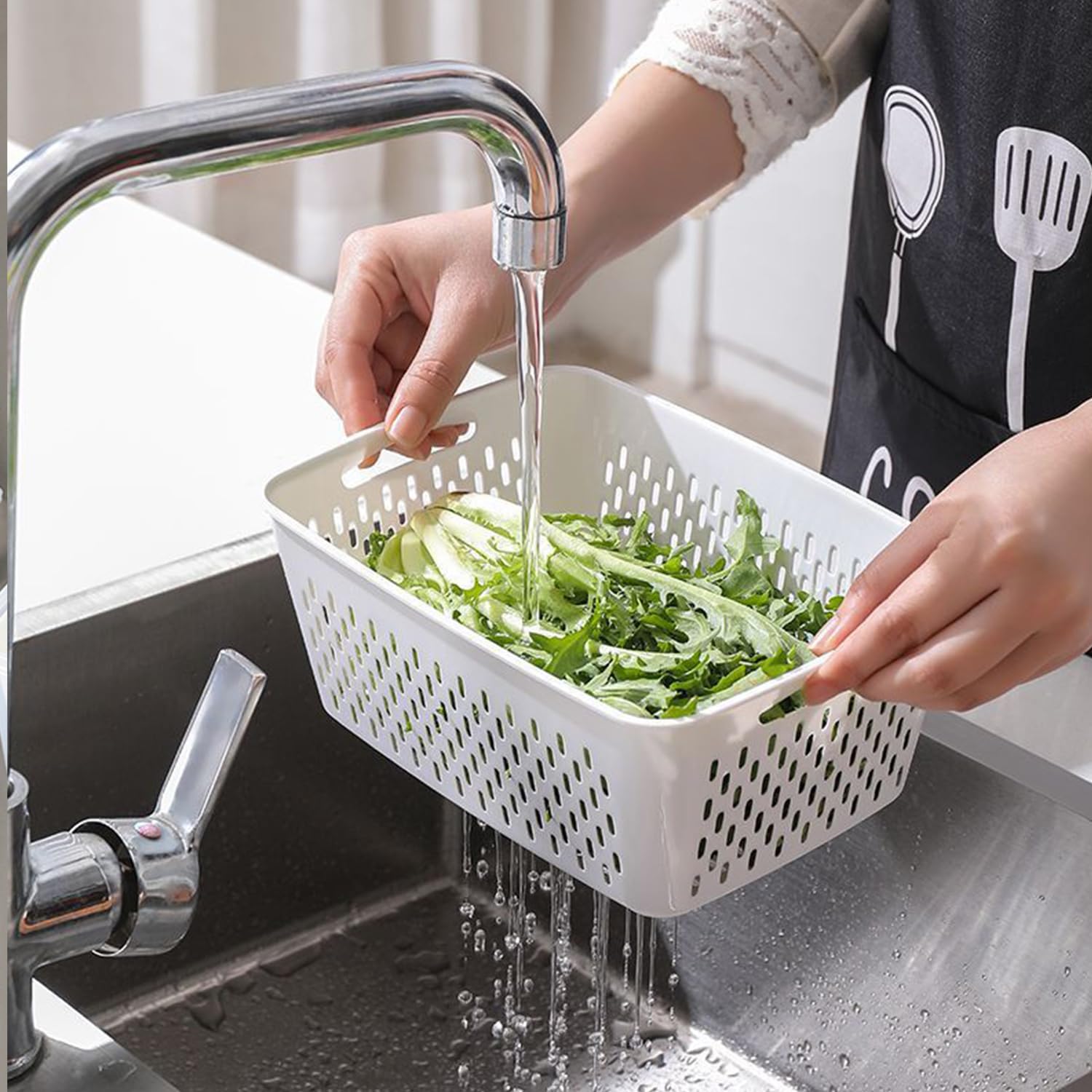 YIENOGO 4 Size Fruit Vegetable Storage Containers for Fridge with Colander and Lid Refrigerator Storage Containers Bins Organizer for Fruit Food Produce, White, YI-01F04
