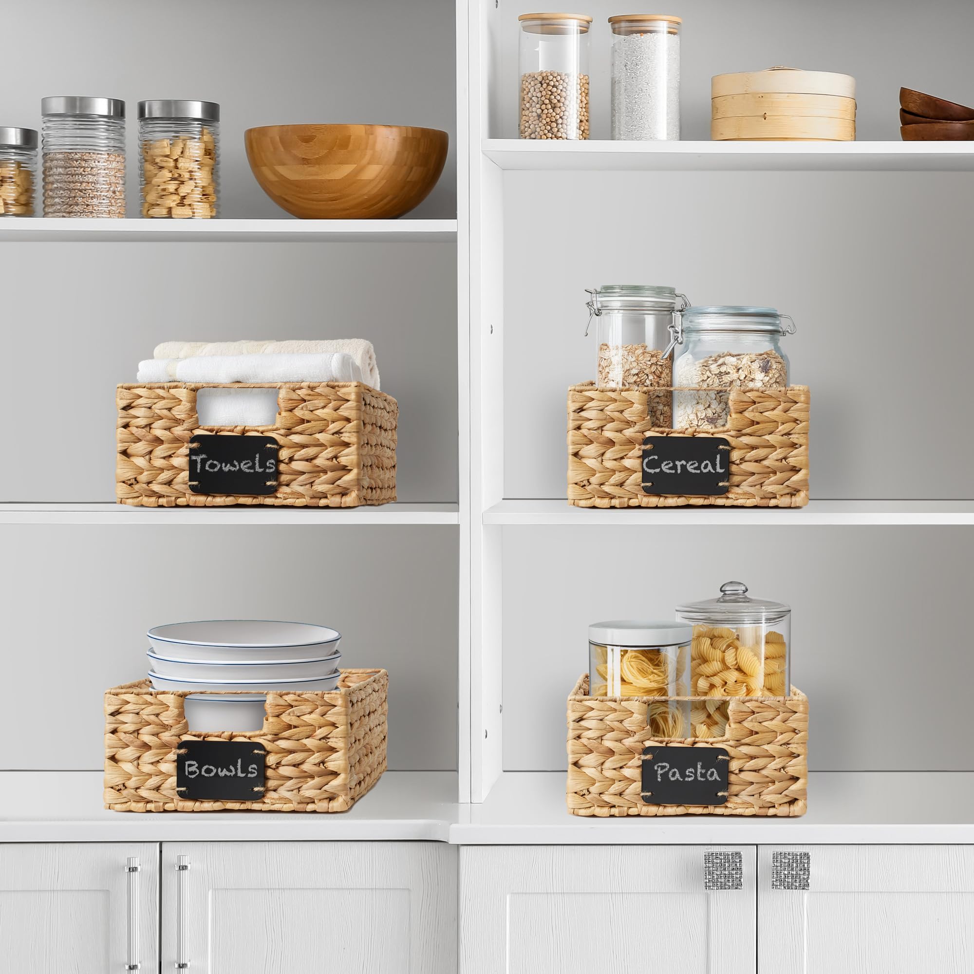 Casafield Set of 4 Water Hyacinth Pantry Baskets, 10" x 13" x 5", with Chalkboard Labels and Chalk Marker - Natural, Woven Storage Bin Organizers for Kitchen Shelves