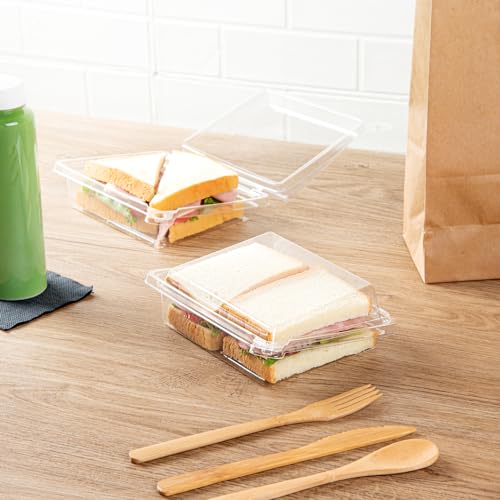 Restaurantware Tamper Tek 6.8 x 5.7 x 1.7 Inch Rectangle Take Out Containers 100 Durable Sandwich To-Go Containers - Tamper-Evident Freezable Clear Plastic Sandwich Containers With Hinged Lids