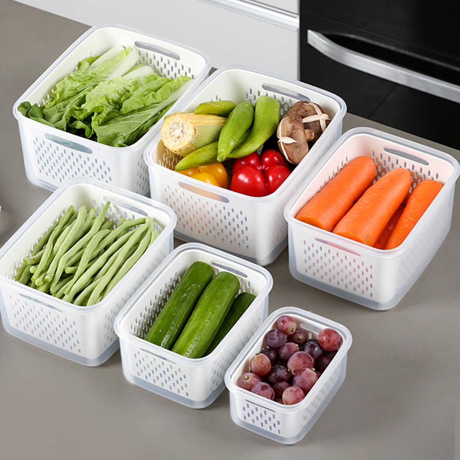 YIENOGO 4 Size Fruit Vegetable Storage Containers for Fridge with Colander and Lid Refrigerator Storage Containers Bins Organizer for Fruit Food Produce, White, YI-01F04