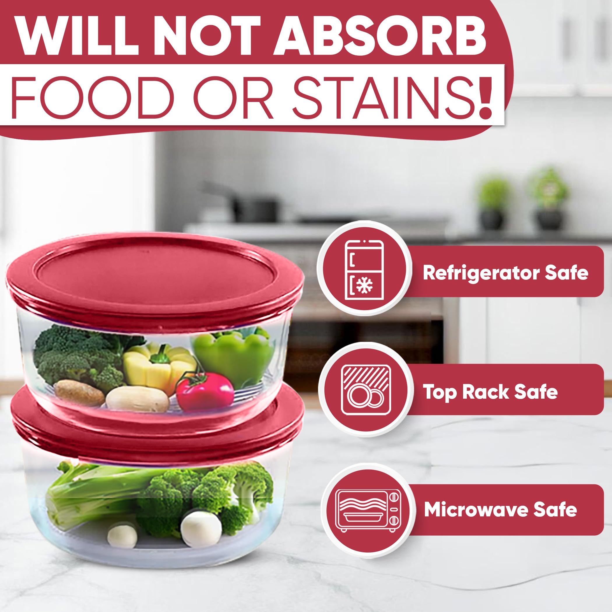 Replacement Lids for Pyrex Containers Round Glass Food Plastic (2) 2-Cup (2) 4-Cup (2) 7-Cup (Red)