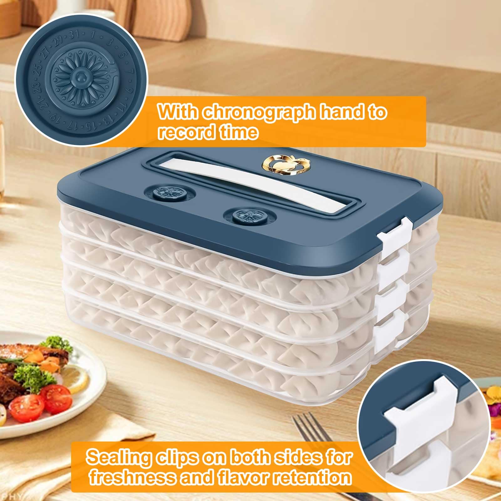 Tefola Food Storage Containers with Lids, 4-Layer Stackable Snack Container with Lid Dumpling Box Airtight Storage Container Cookie Storage Containers (Blue)