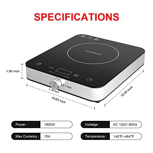 COOKTRON 1800W Single Countertop Portable Induction Cooktop, Temperature Controls, Electric Hot Burner with Timer, Safety Lock, Easy to Clean, Knob, black (AAMUS-CT-FS-IC321-3)