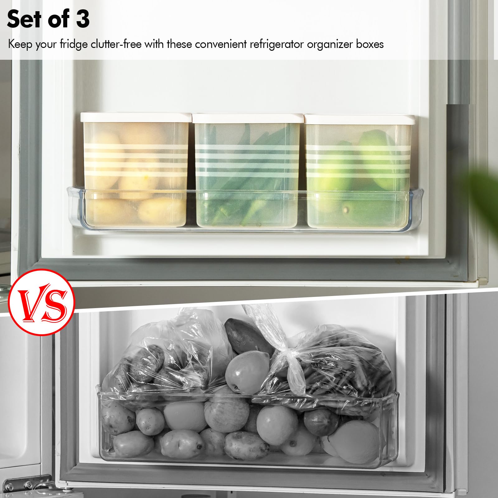 Poeland 3 Pack Refrigerator Organizer Boxes, Fridge Side Door Storage Containers with Lid, Stackable Food Storage Organizer for Kitchen, Refrigerator (Translucent)