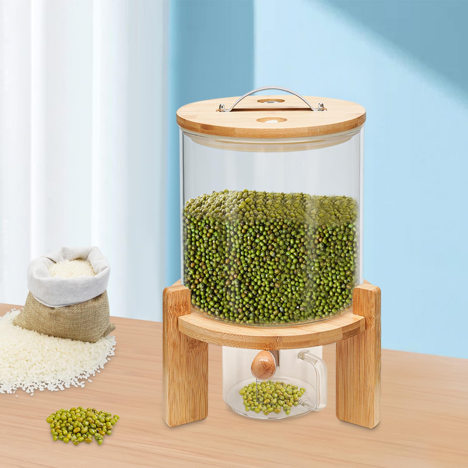 TITIDU Cereal Storage Dispenser Rice/Grain Dry Food Glass Container 5L With Valve Airtight Lid and Wooden Stand (US Stock)