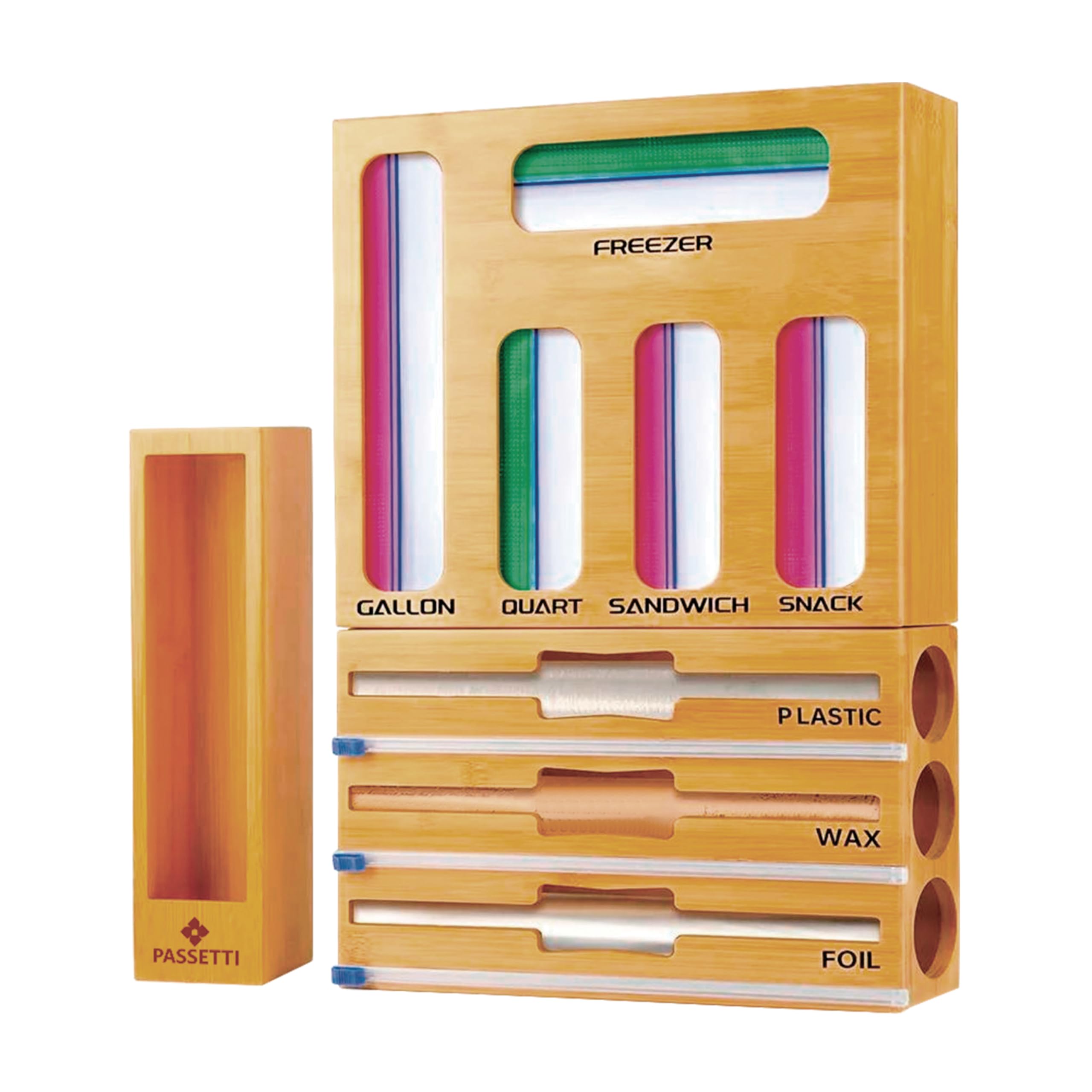 PASSETTI Bamboo Drawer Organizer for Storage Bag, Foil and plastic Wrap Organizer with Sharp Cutter, Storage Compatible with Gallon, Quart, Sandwich, Snack Bags and 12" Aluminum Foil & Wax Paper