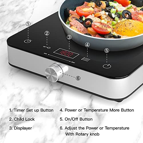 COOKTRON 1800W Single Countertop Portable Induction Cooktop, Temperature Controls, Electric Hot Burner with Timer, Safety Lock, Easy to Clean, Knob, black (AAMUS-CT-FS-IC321-3)