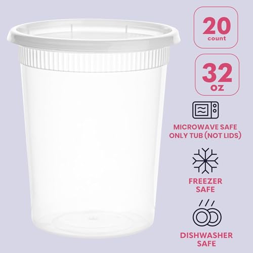 Deli Containers With Lids - [20-Pack] - (32 Oz) - Soup & Food Storage Containers Takeout To Go - Storage and Freezer Airtight Plastic Containers - Microwave, Freezer & Dishwasher Safe BPA-Free