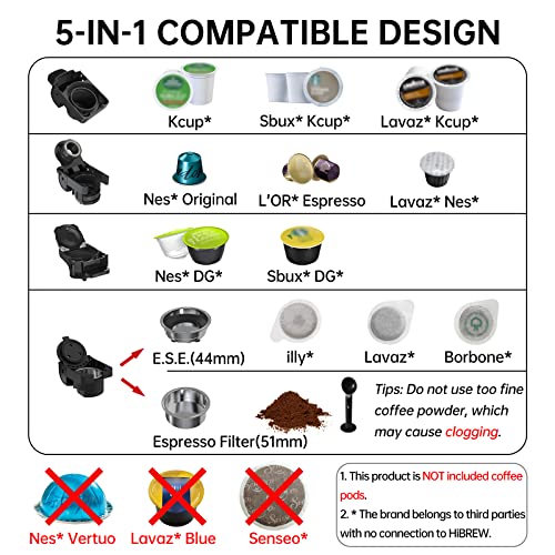 Pod Coffee Maker Single Serve, HiBREW 5-in-1 Espresso Machine for Pods, Kcup*/Nes* Original/DG*/ESE Pod/Espresso Powder Compatible, Cold/Hot Mode, 20 oz Removable Reservoir, LED Bars Indicator, 19 Bar