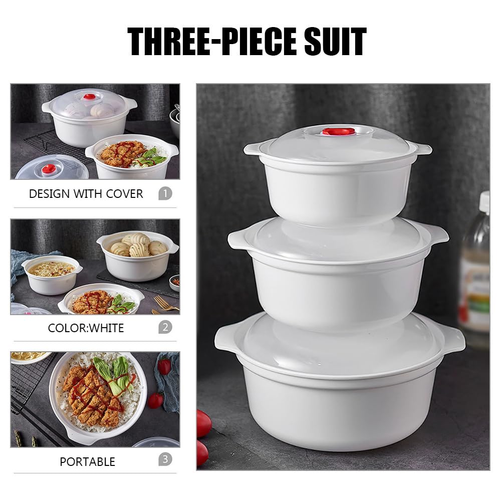 DEARMAMY Microwavable Bowls 3pcs Microwave Bowl with Lid and Steam Vents Plastic Food Storage Containers Kitchen Prep Bowls Office Lunch Box Airtight Storage Bowls White Microwave Soup Bowl