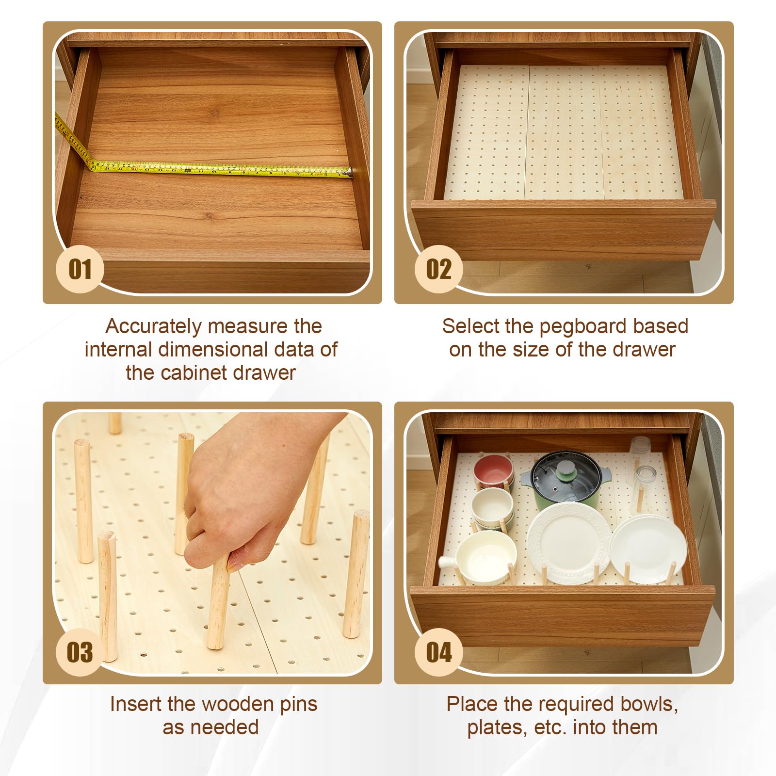 Kigley 3 Pcs Wood Pegboard Drawer Organizer with 32 Pegs Wooden Peg Board Drawer Shelf Organizer Adjustable Peg System for Dishes Plate Pot Container Cookware Utensil Kitchen(20.98 x 5.91 in)