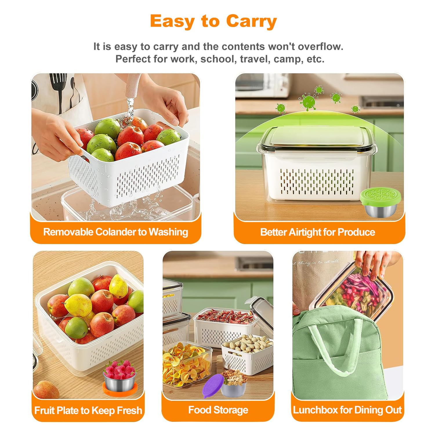 YIENOGO Salad Dressing Containers and Fruit Vegetable Storage Containers for Fridge with Colander and Lid Refrigerator Storage Containers Bins Organizer for Fruit Food Produce, White, YI-01F09