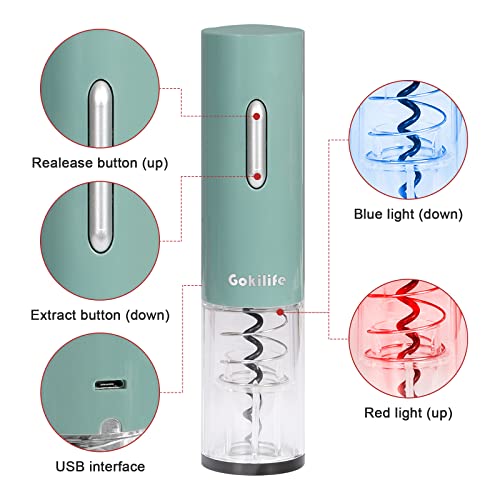 Gokilife Electric Wine Opener - Automatic Electric Wine Bottle Corkscrew Opener with Foil Cutter, One-click Button Rechargeable Remover for Wine Lovers Gift Home Kitchen Party Bar Wedding (Green)