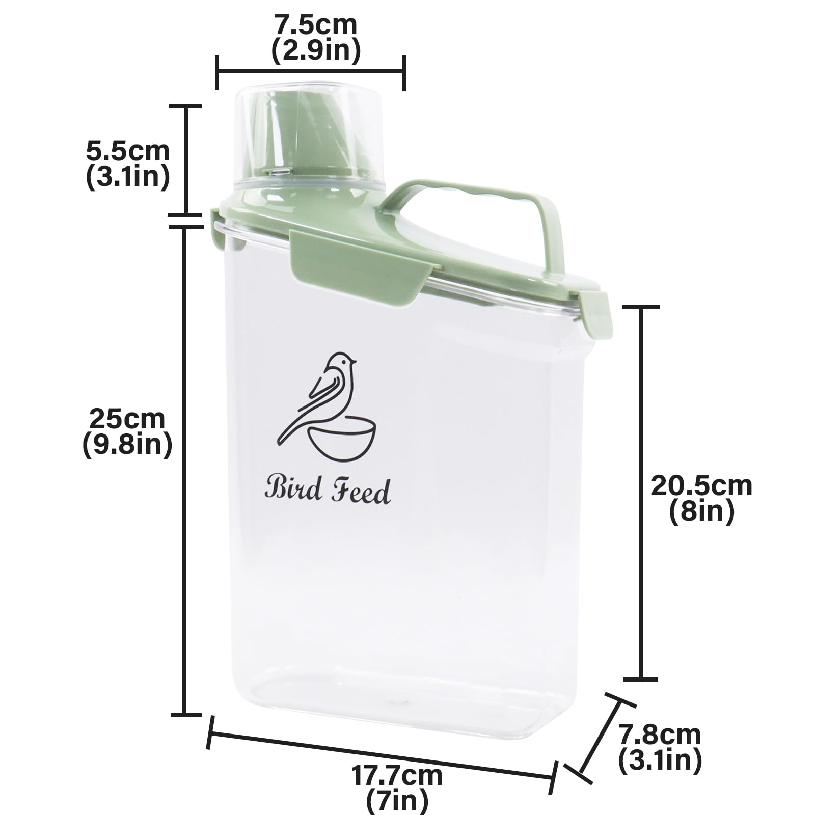 Ctomche Bird Seed Storage Container,2.8L Airtight Bird Food Container with Handle and Measuring Cup,Portable Pet Food Container for Wild Bird Sunflower Seed-BPA Free Transparent/Green