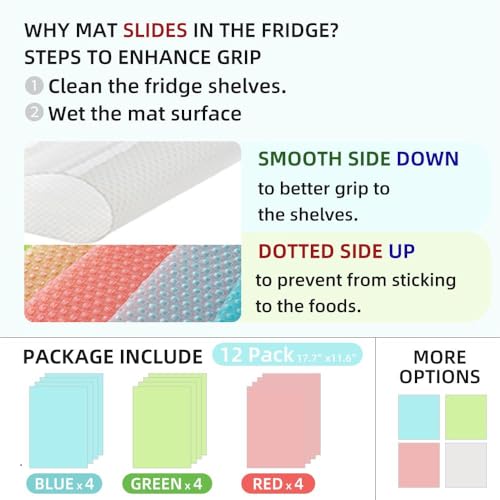 12 Pcs Refrigerator Liners, CR Washable Mats Covers Pads, Home Kitchen Gadgets Accessories Organization for Top Freezer Glass Shelf Wire Shelving Cupboard Cabinet Drawers (4 Blue+4 Green+4 Red)
