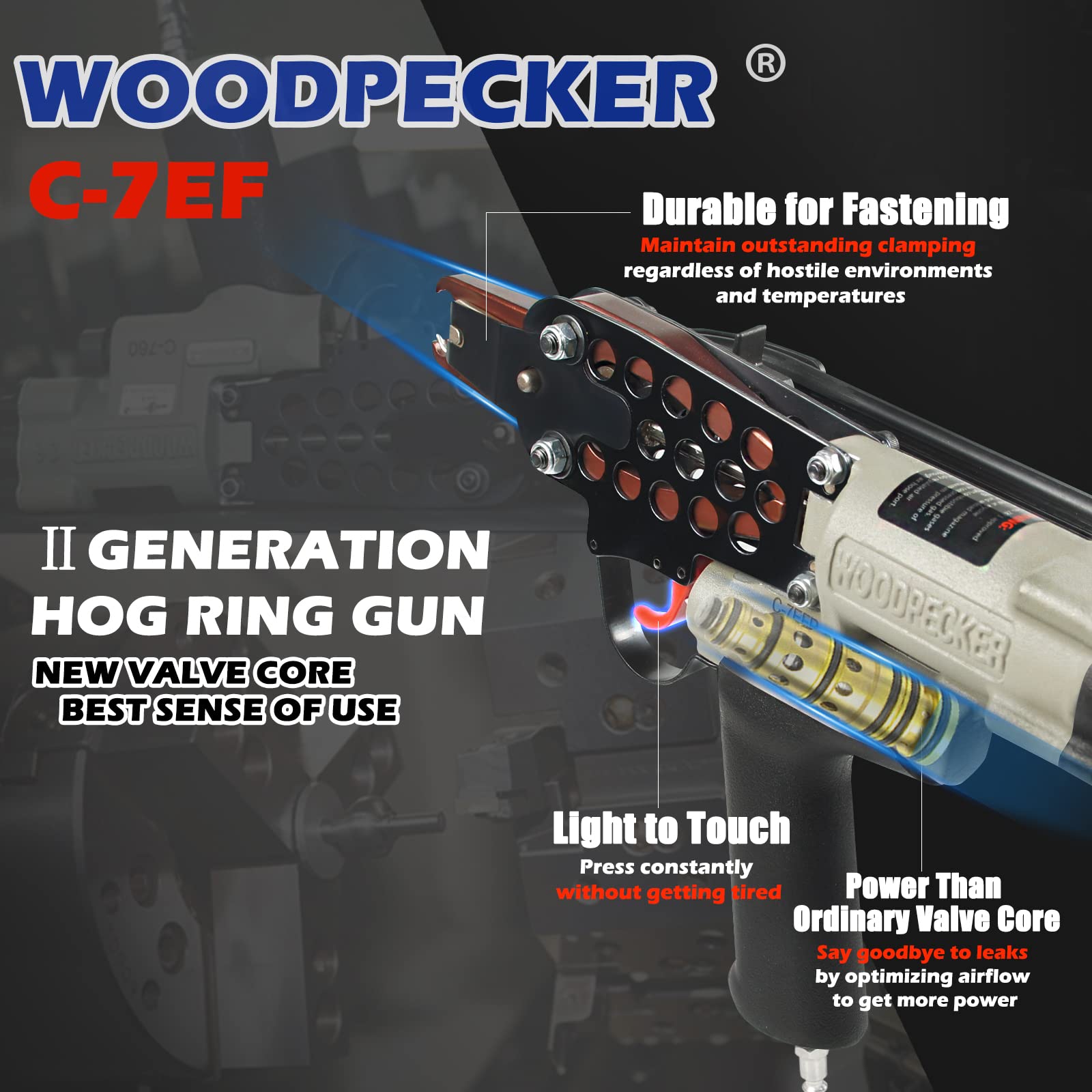 WOODPECKER C-7EF 15 Gauge Pneumatic Hog Ring Gun, Intensified Power, 3/4-inch Crown 7.0mm Closure Diameter, Air Hog Ring Plier Tool for Wire Cages, Fencing