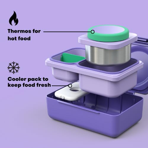 Omie OmieBox UP bento box for kids | Insulated lunch box | Leak proof thermos food jar | Cooler ice pack | 2 Compartments (Galaxy Purple)
