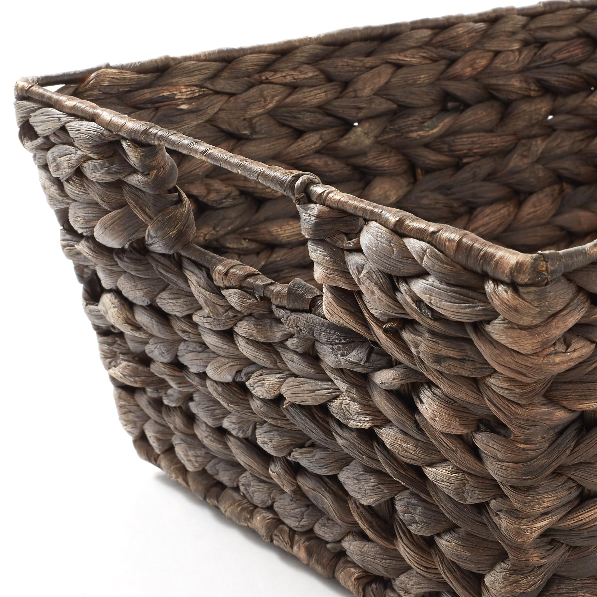 Casafield Set of 2 Water Hyacinth Pantry Baskets with Handles, Chalkboard Labels, and Marker - Espresso, Wide Woven Storage Bin Organizers for Kitchen Shelves