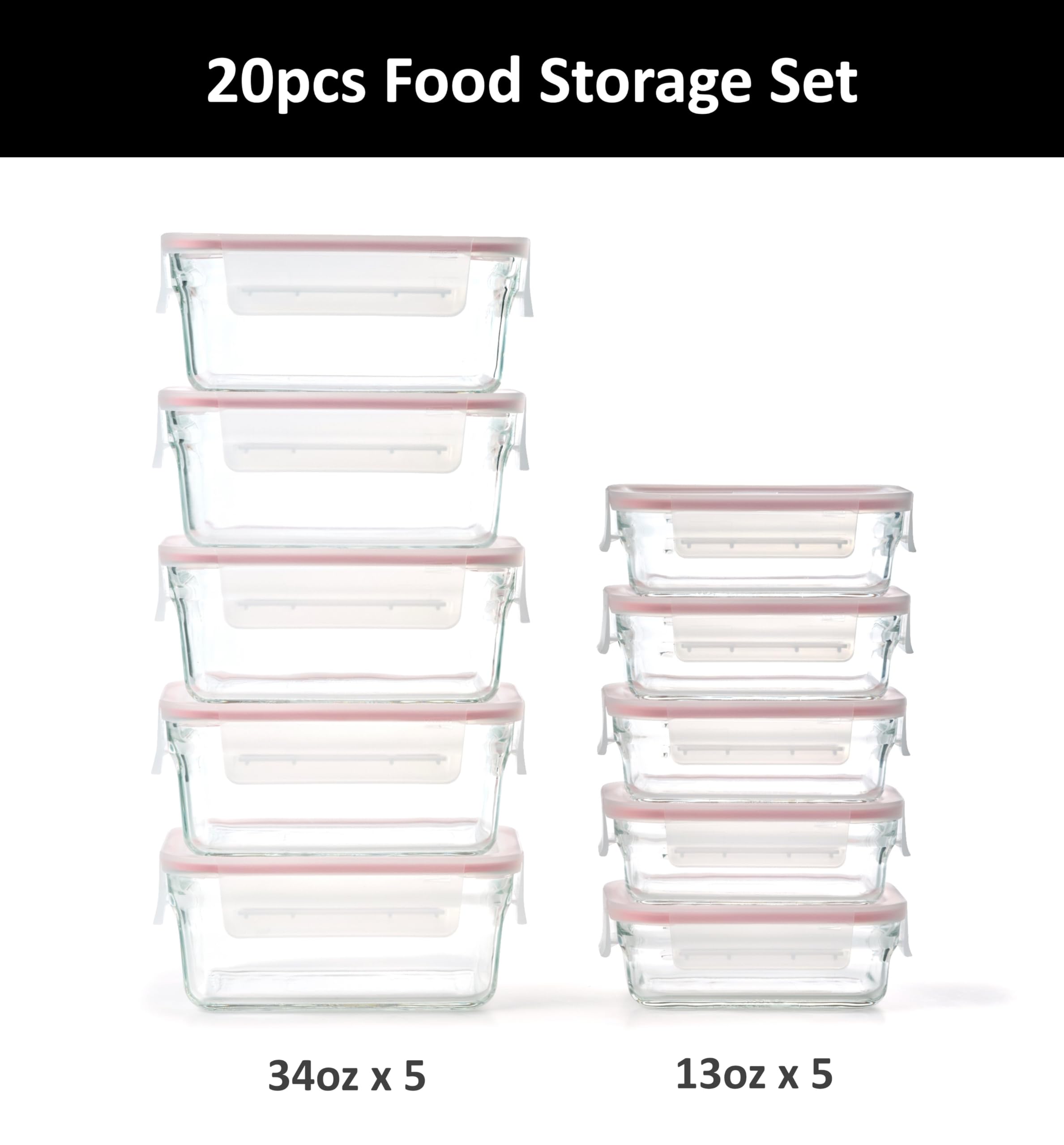 GLASSLOCK 10 pack Glass Meal Prep set (13oz & 34oz) - 100% Airtight & Leakproof, Dishwasher Safe, BPA Free lids, Freezer to Oven Safe, Lunch Bento Box, Pantry & Kitchen Storage