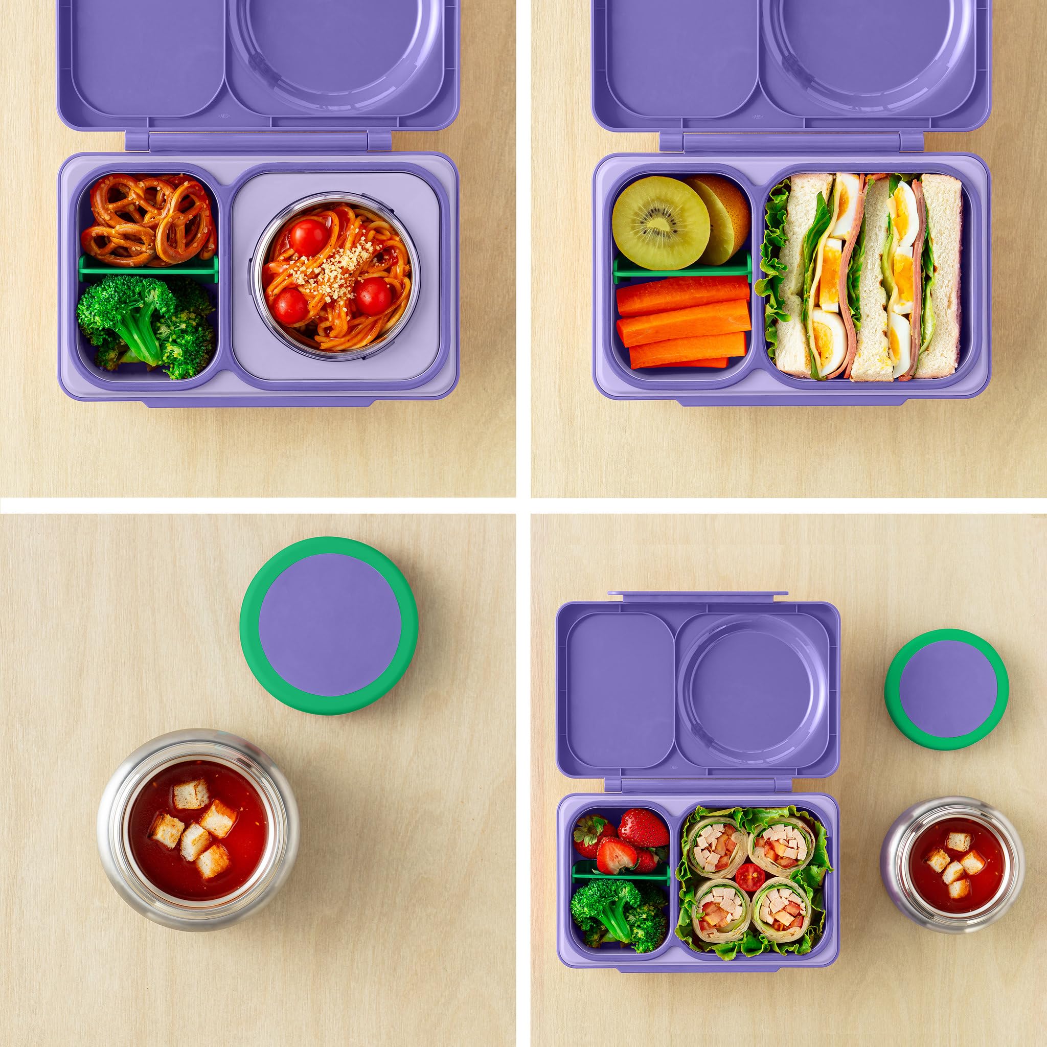 Omie OmieBox UP bento box for kids | Insulated lunch box | Leak proof thermos food jar | Cooler ice pack | 2 Compartments (Galaxy Purple)