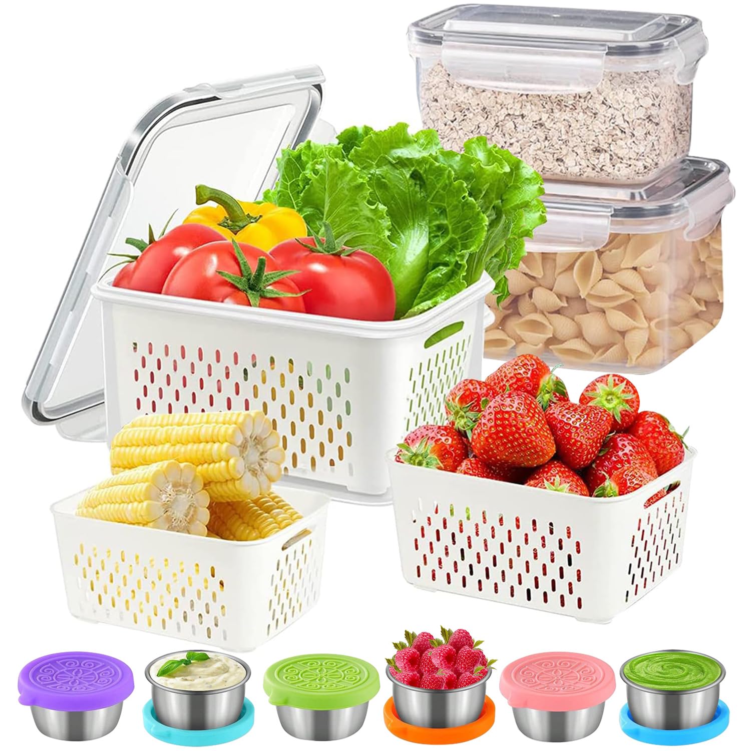 YIENOGO Salad Dressing Containers and Fruit Vegetable Storage Containers for Fridge with Colander and Lid Refrigerator Storage Containers Bins Organizer for Fruit Food Produce, White, YI-01F09
