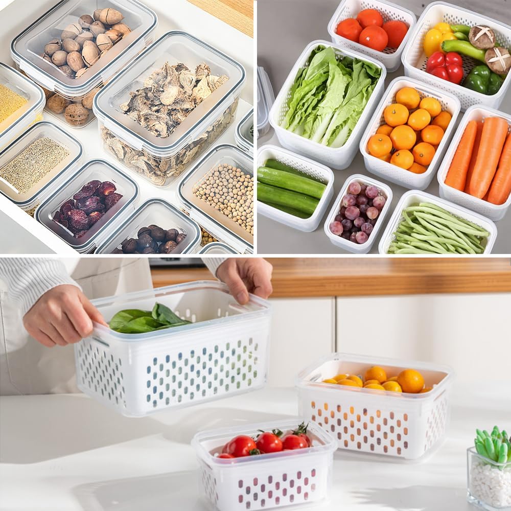 Aero Zen Fruit Storage Containers for Fridge with Removable Strainer,Vegetable Salad Crisper,BPA-Free Refrigerator Organiser,Not Dishwasher Safe,Keep Berry Fruit Vegetable Food Meat Fresh Longer
