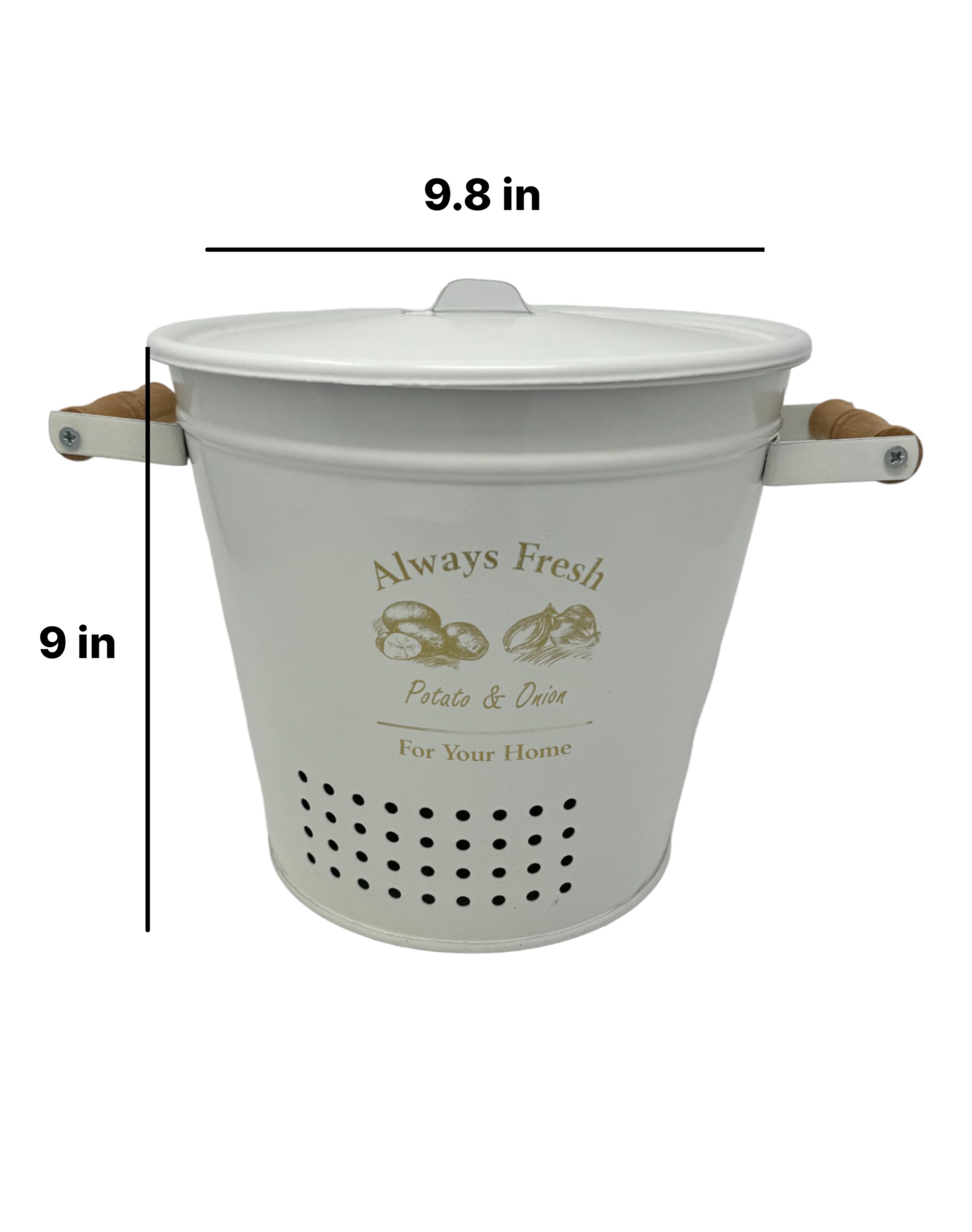 Metal Storage Bin, Onion Storage and Patato Storage, Vegetable Storage Bin with Aerating Tin Storage Holes, Metal Kitchen Storage, Kitchen Pantry Organizer Tin Vegetable Fresh Keeper (White-Wood)