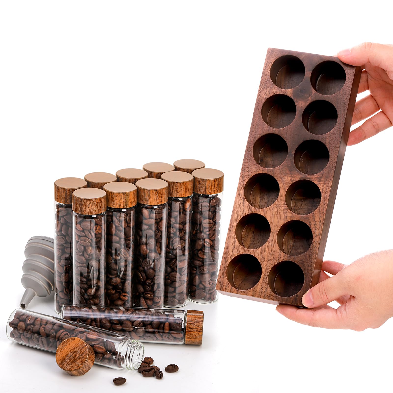 Goaste 12 Pack Coffee Bean Storage Tubes, Glass Cellars with Wooden Stand, Dosing Vials with Lids and Funnel for Tea, Spices, 2oz