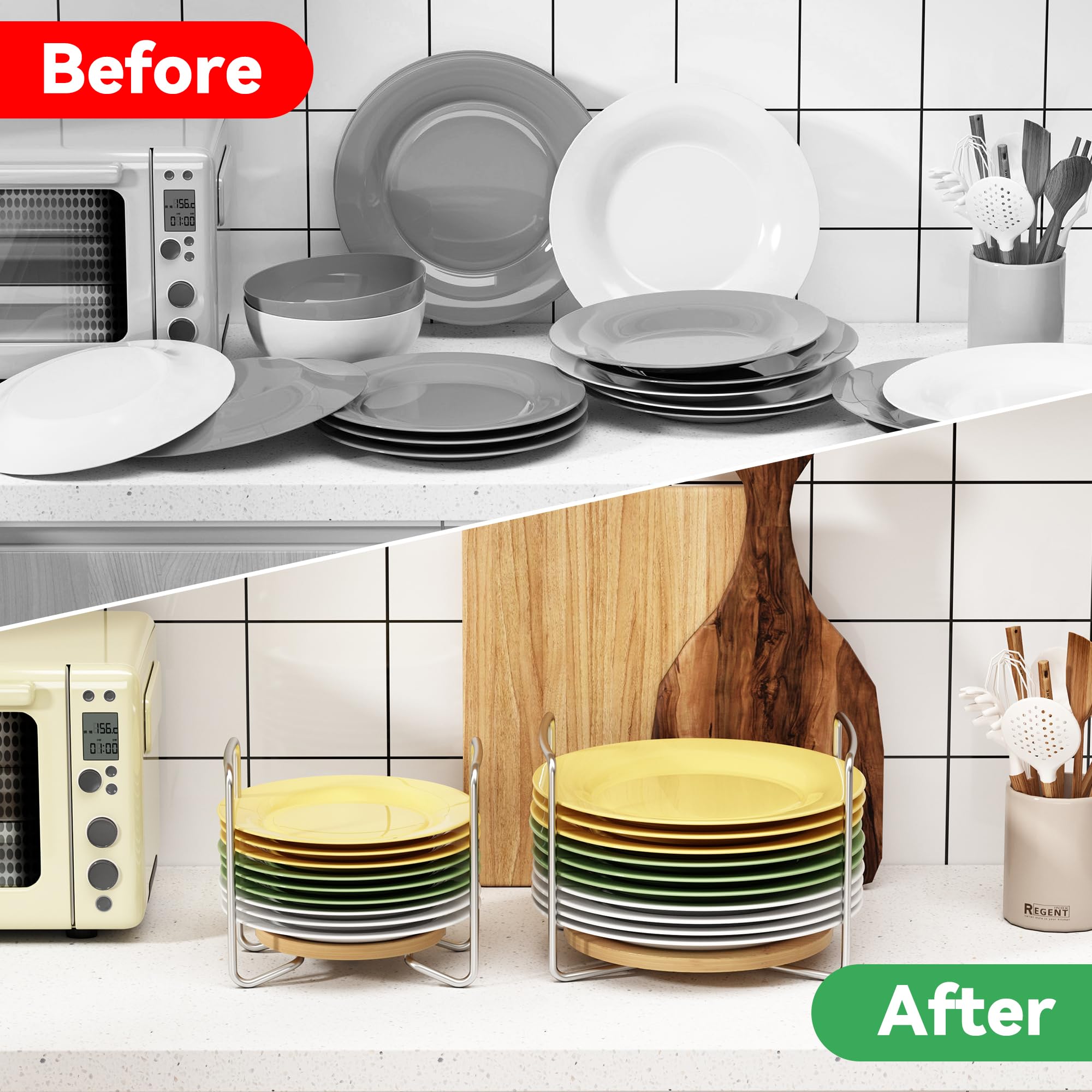 Piconico Plate Holder for Kitchen Drawers - Bamboo Dish Racks for Kitchen Counter 2Pcs Small & Large - Adjust 6.75" to 12.5" Stainless Steel Plate and Bowl Organizer for Cabinet, RV, Countertop