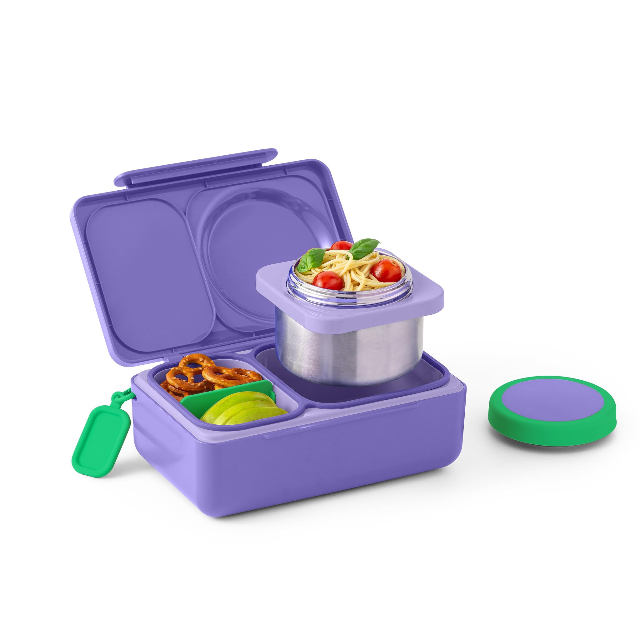 Omie OmieBox UP bento box for kids | Insulated lunch box | Leak proof thermos food jar | Cooler ice pack | 2 Compartments (Galaxy Purple)