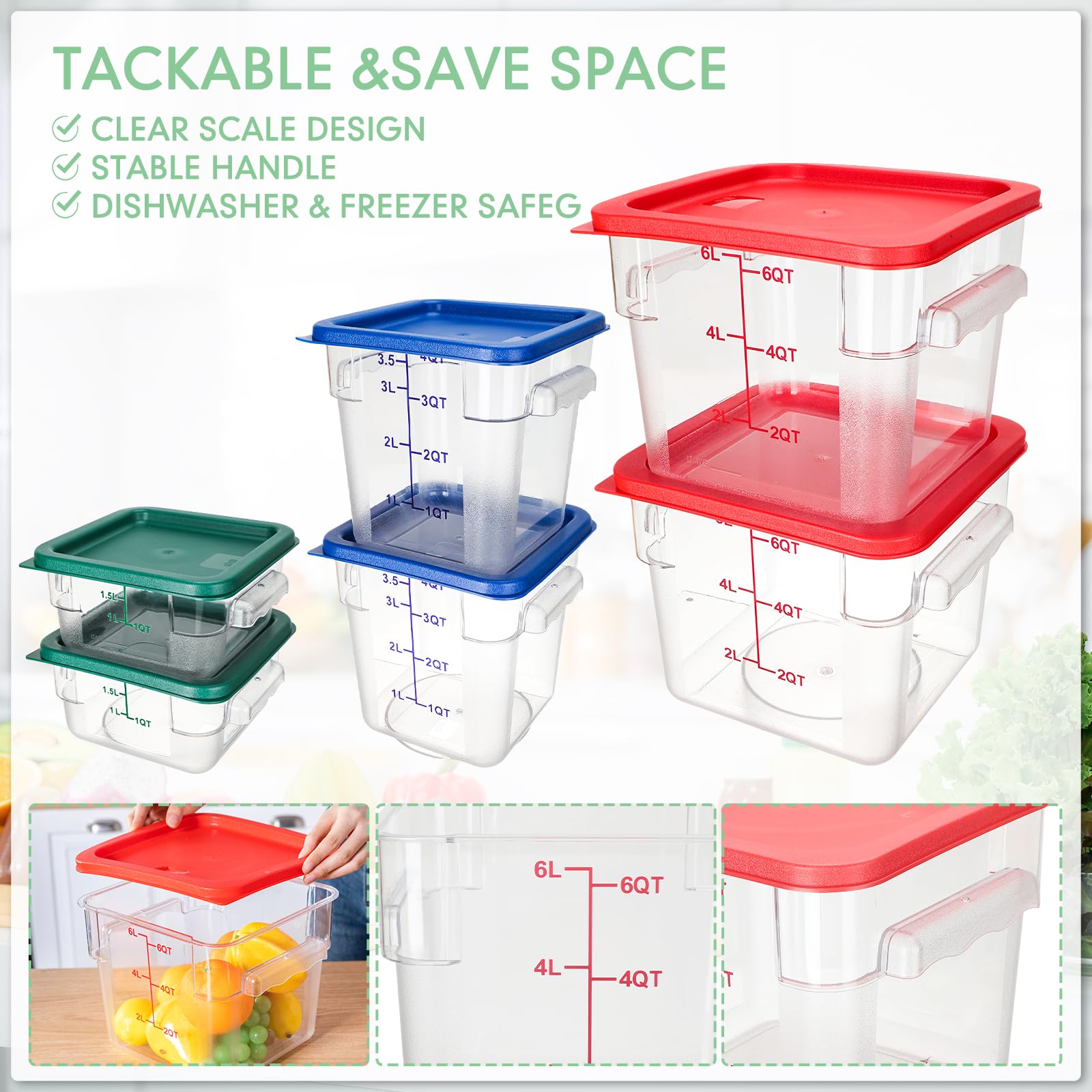 Lallisa 6 Pcs Food Storage Set, Square Polycarbonate Restaurant Food Storage Containers with Lids commercial Clear Cereal Containers for Kitchen, 3 Colors(2 Quart 4 Quart and 6 Quart)
