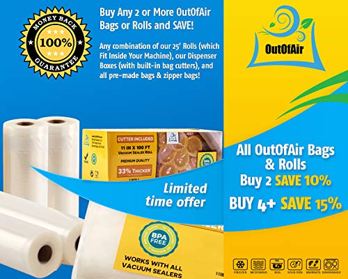 6" x 25' Rolls (Fits Inside Machine) - 4 Pack (100 feet total) OutOfAir Pint Vacuum Sealer Rolls. Works with FoodSaver Vacuum Sealers. 33% Thicker, BPA Free, Sous Vide, Commercial Grade