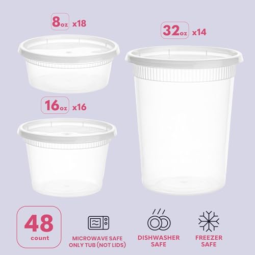 Food Storage Containers With Lids - [48 Pack] - (3 Sizes - 8, 16 & 32 Oz) - Plastic Deli Containers With Lids Variaty Pack - Soup Containers With Airtight Lids - Microwave, Freezer & Dishwasher Safe