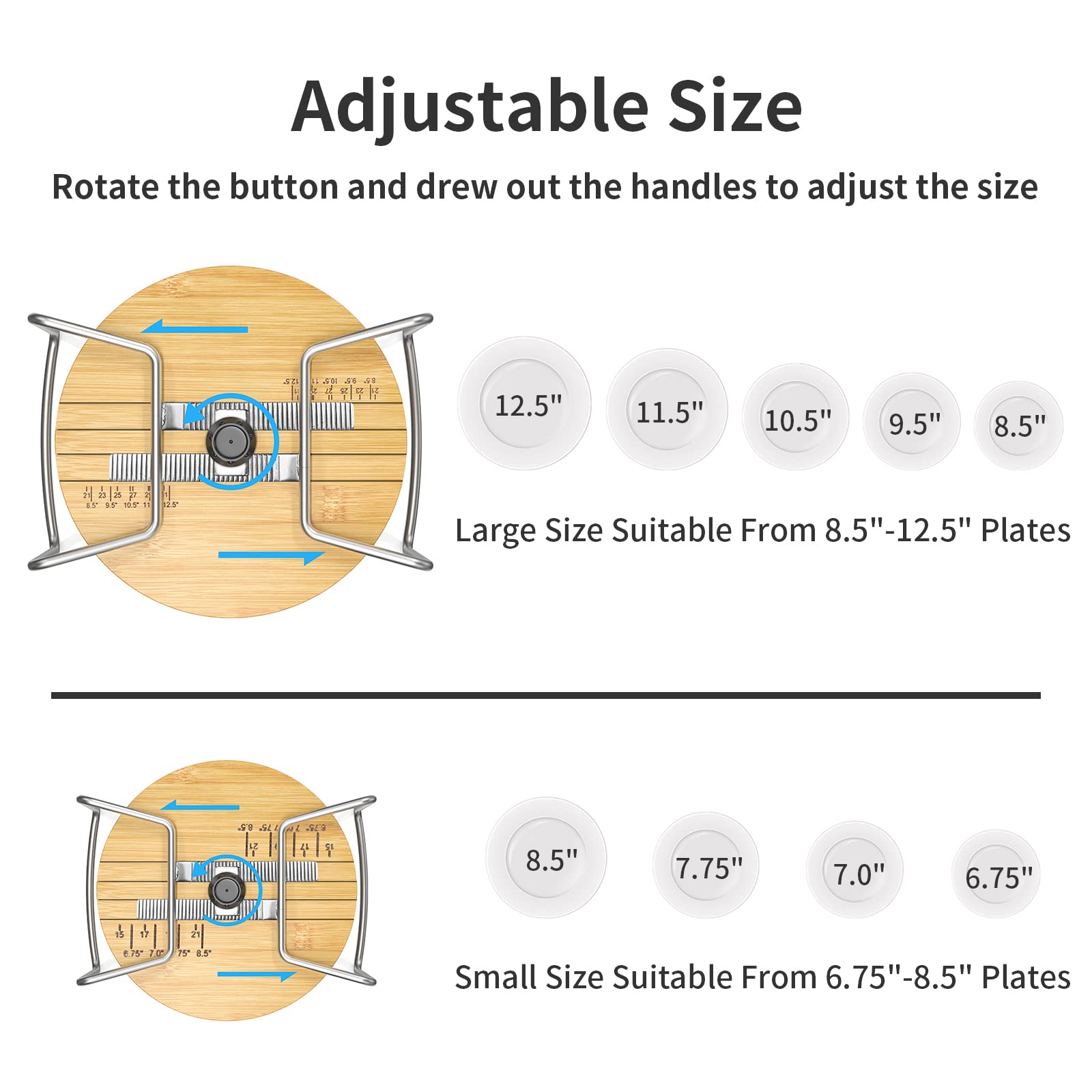 Piconico Plate Holder for Kitchen Drawers - Bamboo Dish Racks for Kitchen Counter 2Pcs Small & Large - Adjust 6.75" to 12.5" Stainless Steel Plate and Bowl Organizer for Cabinet, RV, Countertop
