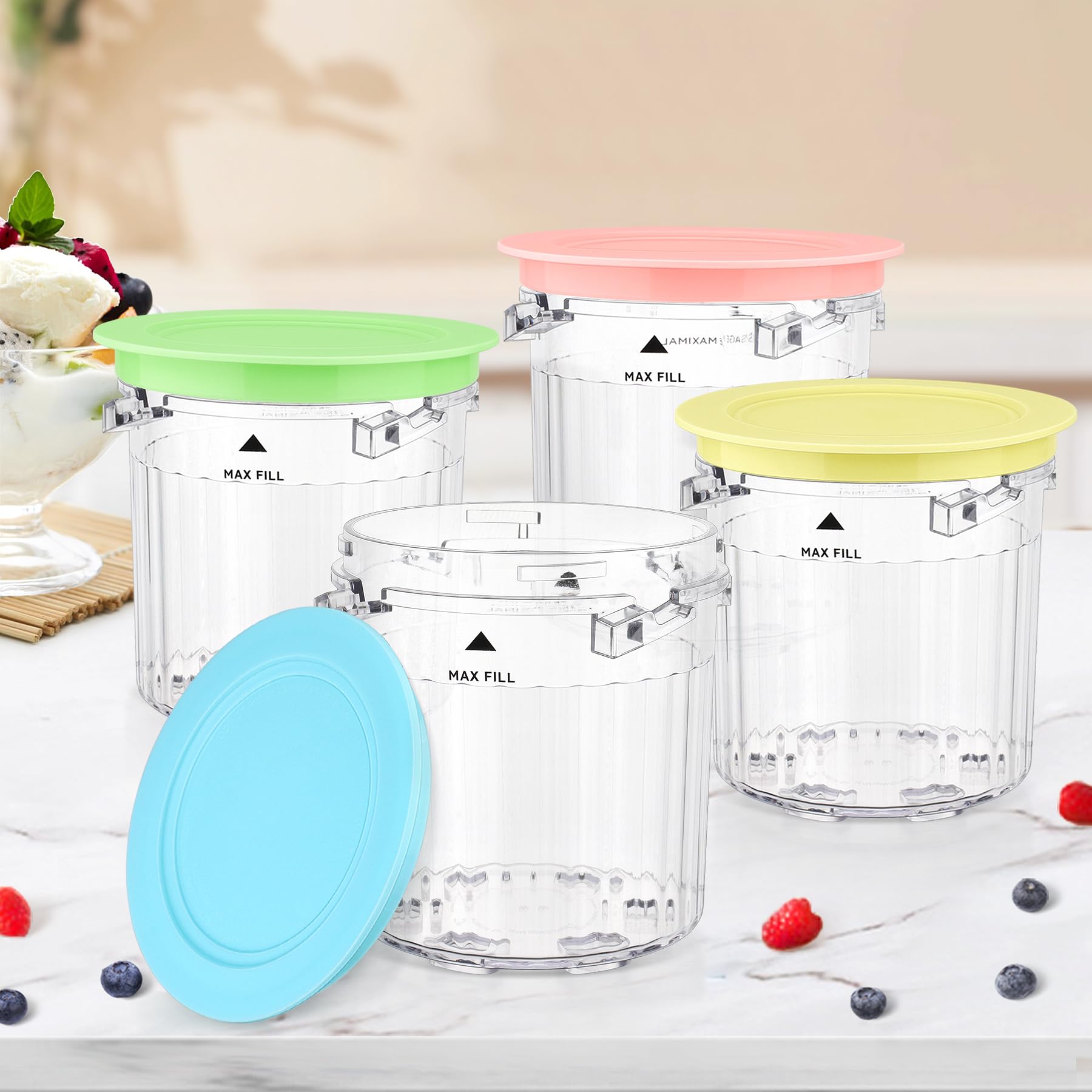 FIRJOY 16 oz. Containers | Extra Replacement Pints and Lids - Compatible with Ninja Creami Breeze NC200, NC201, CN205A, NC100 Series (4 Pack - Blue, Pink, Green, Yellow)