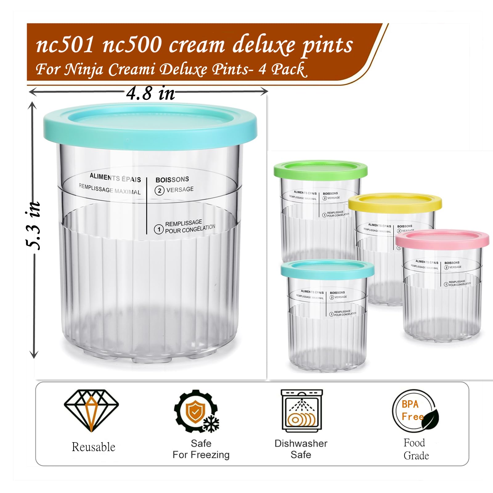 GOHOHOF for Ninja Creami Deluxe Pints and Lids - 4 Pack Extra Replacement Pints Compatible with Ninja Creami NC501 NC500 Series Deluxe Ice Cream Maker Creamy Deluxe Pint Containers