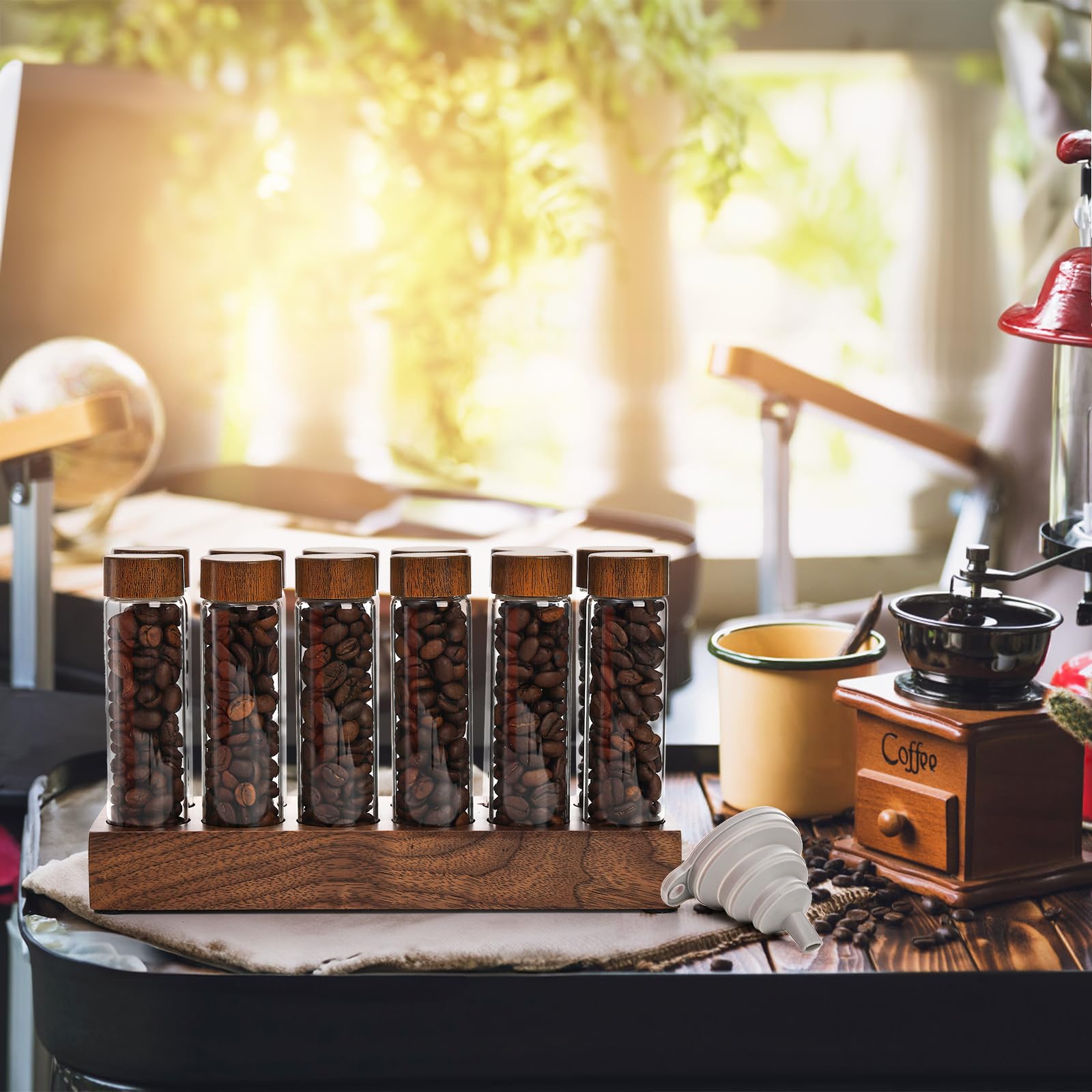 Goaste 12 Pack Coffee Bean Storage Tubes, Glass Cellars with Wooden Stand, Dosing Vials with Lids and Funnel for Tea, Spices, 2oz