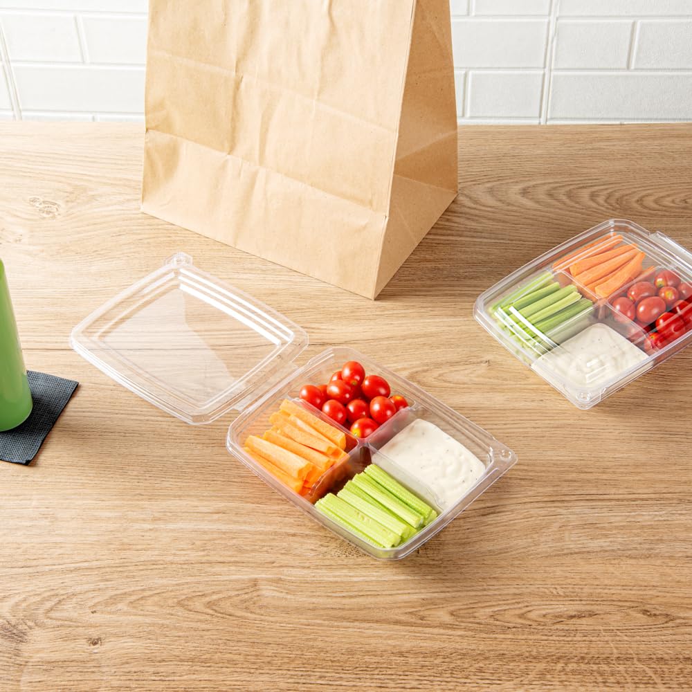 Tamper Tek 13 Ounce Rectangle Take Out Containers, 100 Durable Carryout Containers - Tamper-Evident, Freezable, Clear Plastic To-Go Containers, 4 Compartments, With Hinged Lids - Restaurantware
