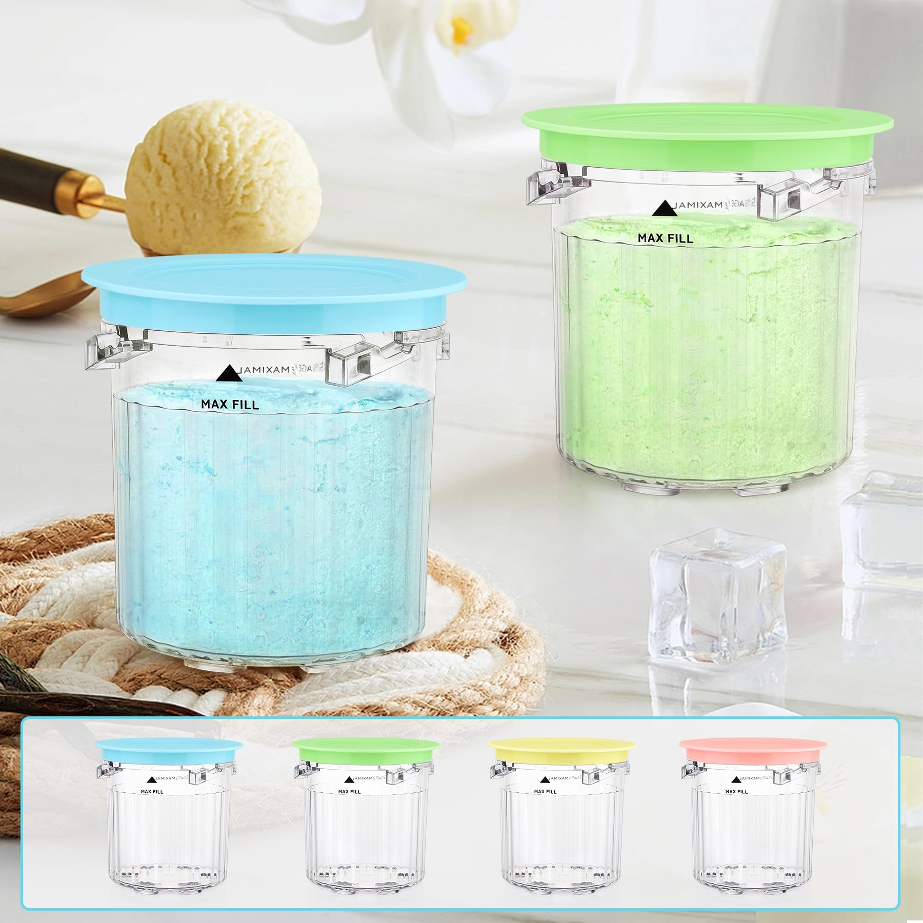 FIRJOY 16 oz. Containers | Extra Replacement Pints and Lids - Compatible with Ninja Creami Breeze NC200, NC201, CN205A, NC100 Series (4 Pack - Blue, Pink, Green, Yellow)
