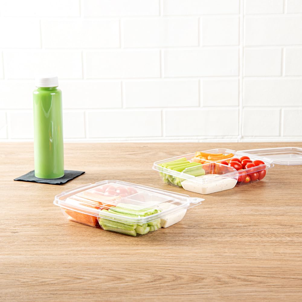 Tamper Tek 13 Ounce Rectangle Take Out Containers, 100 Durable Carryout Containers - Tamper-Evident, Freezable, Clear Plastic To-Go Containers, 4 Compartments, With Hinged Lids - Restaurantware