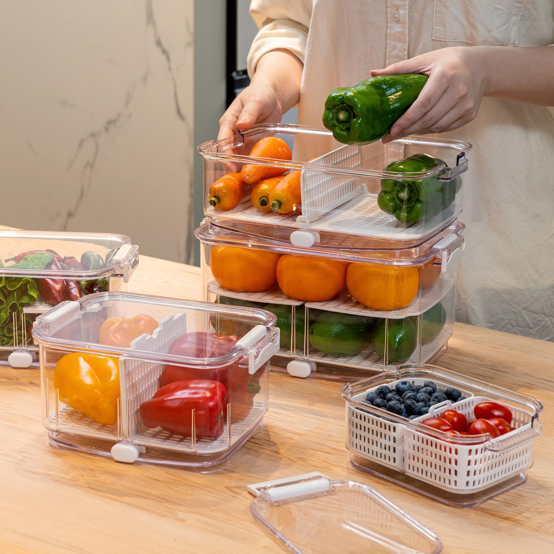 Felli Duo Fresh Produce Saver Container for Fridge + Vent, ALL IN ONE Fruit & Veggie Washing Basket with Drainer, Colander Tray | Kitchen Refrigerator Bin for Berry Vegetable Salad Keeper, Gifts
