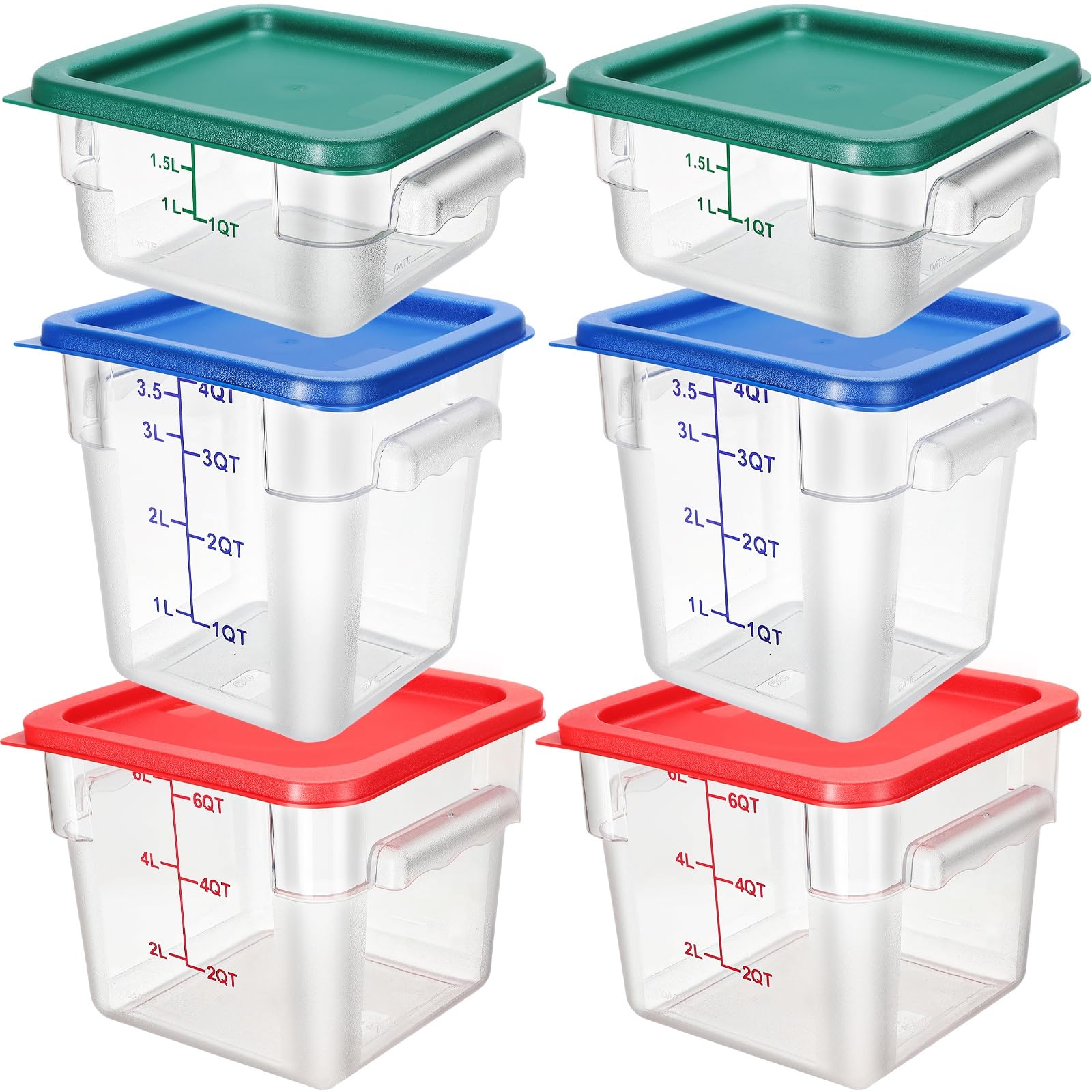 Lallisa 6 Pcs Food Storage Set, Square Polycarbonate Restaurant Food Storage Containers with Lids commercial Clear Cereal Containers for Kitchen, 3 Colors(2 Quart 4 Quart and 6 Quart)