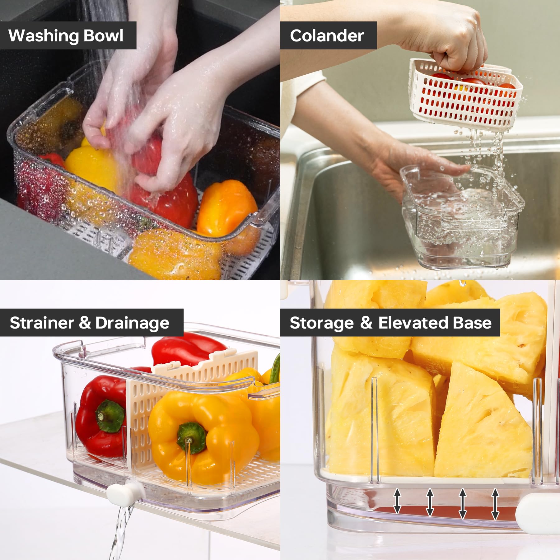 Felli Duo Fresh Produce Saver Container for Fridge + Vent, ALL IN ONE Fruit & Veggie Washing Basket with Drainer, Colander Tray | Kitchen Refrigerator Bin for Berry Vegetable Salad Keeper, Gifts