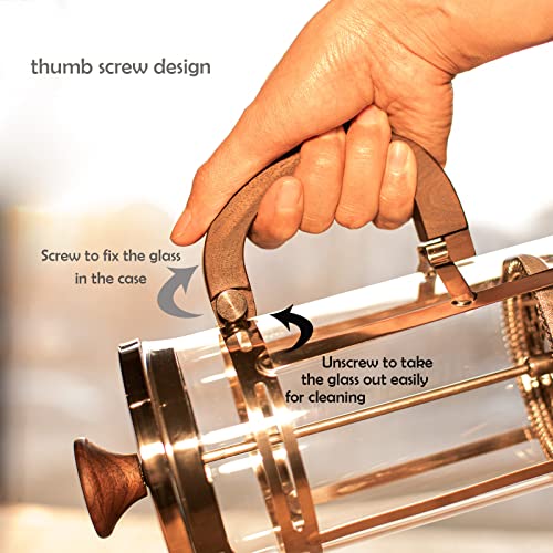 PANIOSIA French Press Coffee Maker Solid Walnut Wood thoughtfully handmade-4 Filter 34OZ Coffee French Press with Spoons and Brush | Durable French Press Glass with Borosilicate Glass French Press