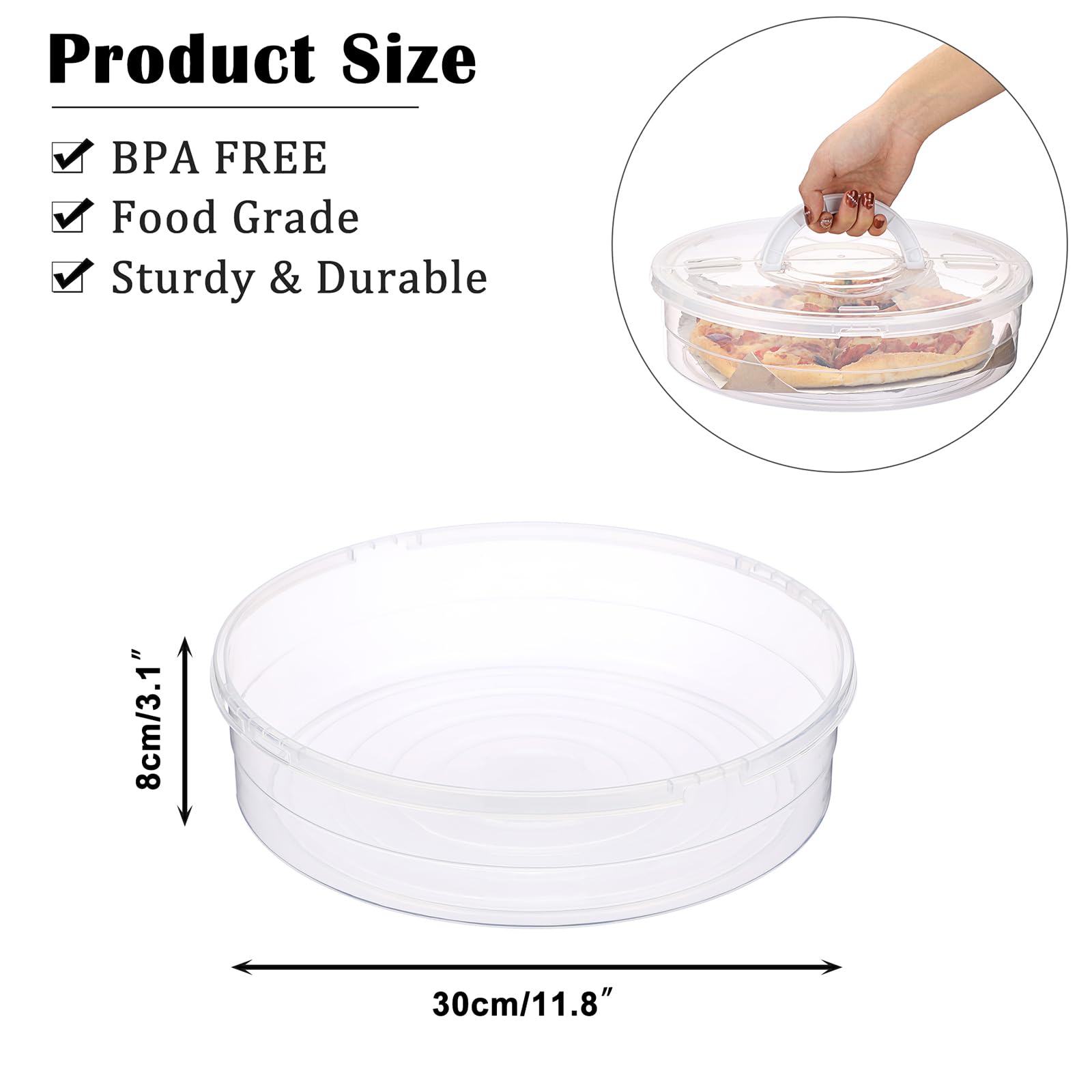 BSTKEY 12 inch Round Pizza Keeper, Food Storage Container with Lid and Handle, Pizza Dough Tray Fits 2-4 Dough Balls, Clear Plastic Food Storage Carrier for Cheese Cake Cupcakes Pies Pastries Fruit